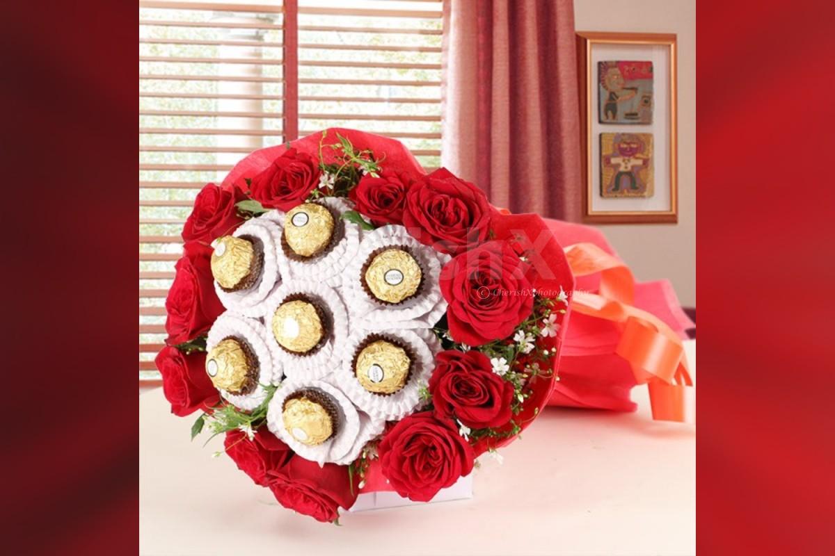 Send a simple 12 Red Rose and 7 ferrero rocher bouquet - Free & On-Time ...