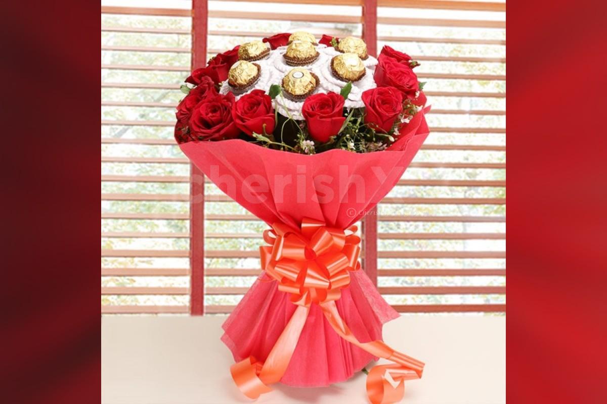 Send a simple 12 Red Rose and 7 ferrero rocher bouquet - Free & On-Time ...