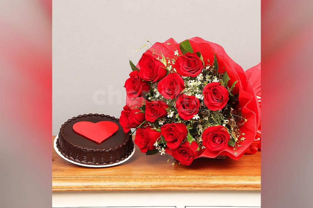 Send a simple 12 Red Rose with a chocolate truffle cake (500 gms ...