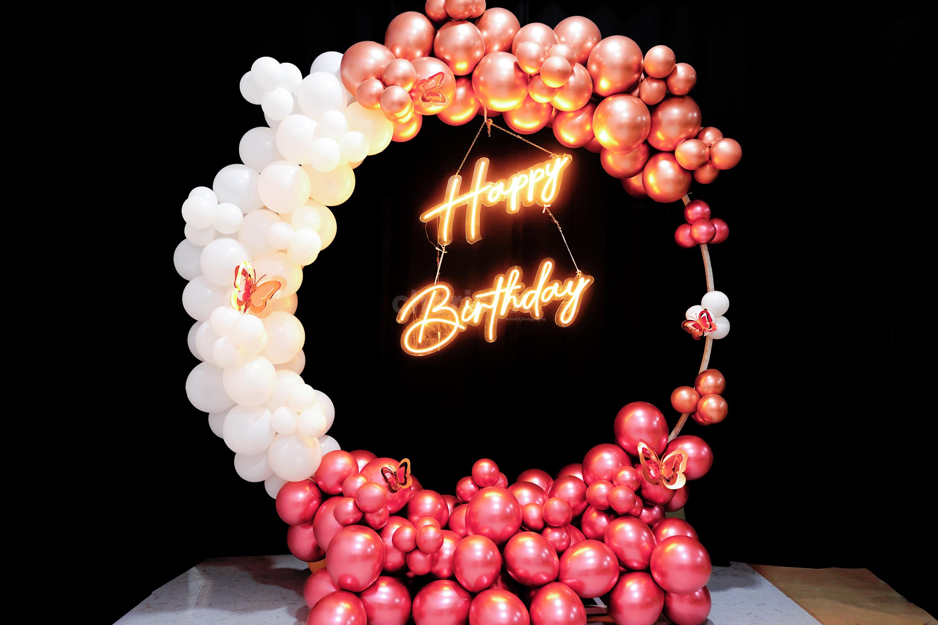 Vintage ring birthday decor with rose gold and white balloons. | Bangalore
