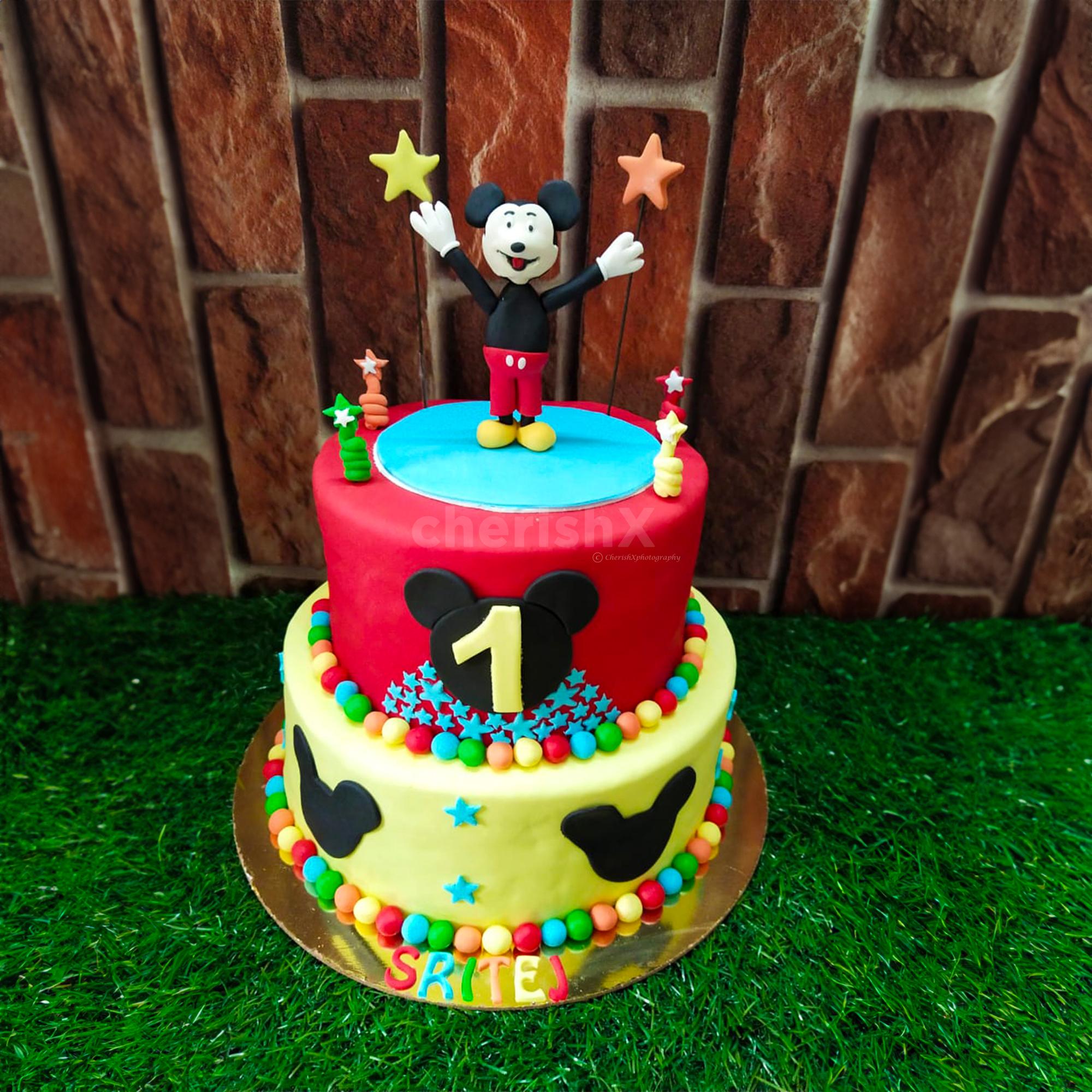 Get a Mickey Mouse Theme Two Tier Fondant Cake for Kid's Birthday Party ...